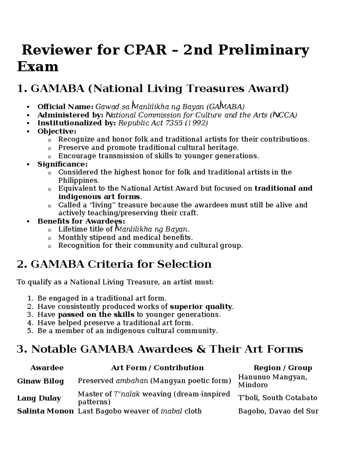 GAMABA Overview and Criteria for CPAR 2nd Preliminary Exam Review - Studocu