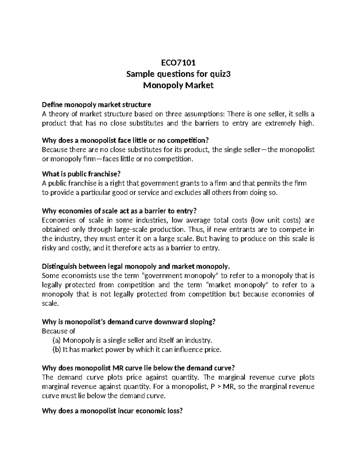 ECO7101 Quiz 3 Sample Questions on Monopoly & Oligopoly Markets - Studocu