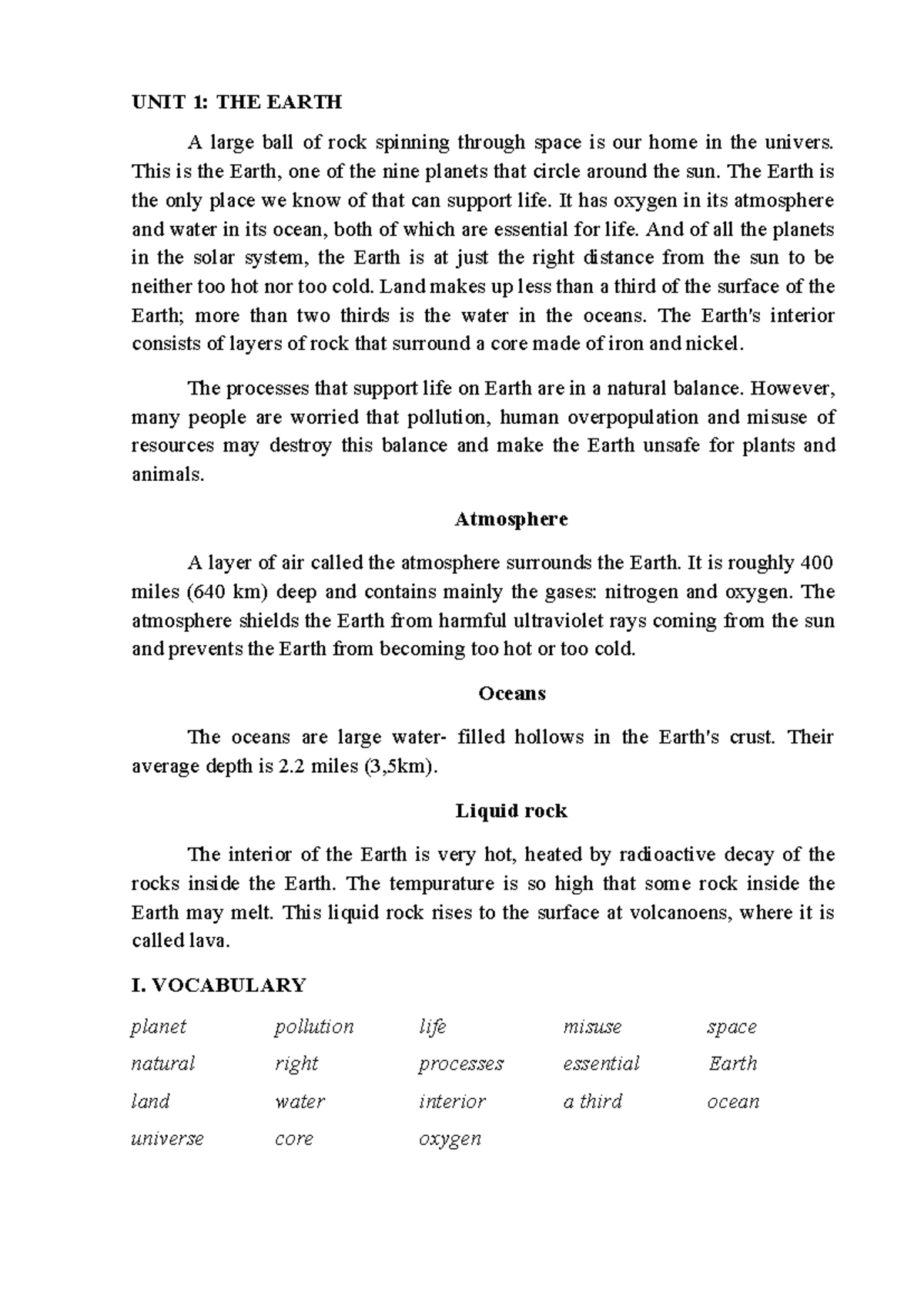 UNIT 1: THE EARTH - An Overview of Our Planet's Features and Importance ...
