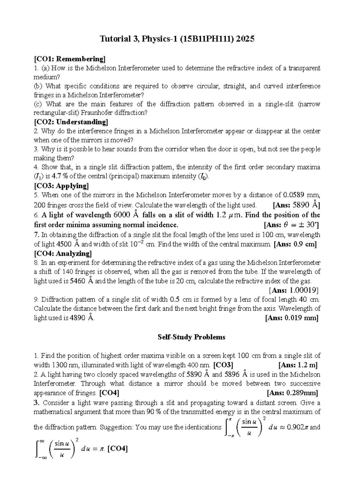 Tute 3 PHYS 1 2025 - Optics Interference & Diffraction Problems - Studocu