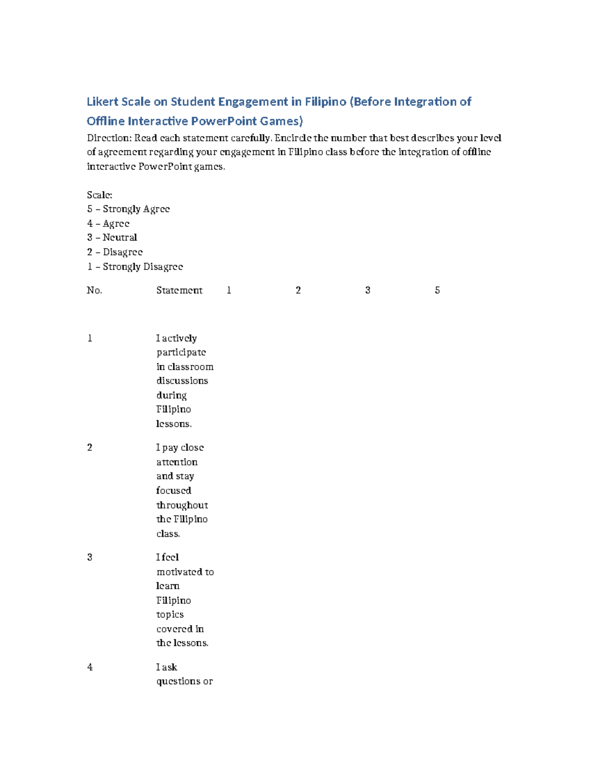 Likert Scale on Student Engagement in Filipino (Before Integration ...
