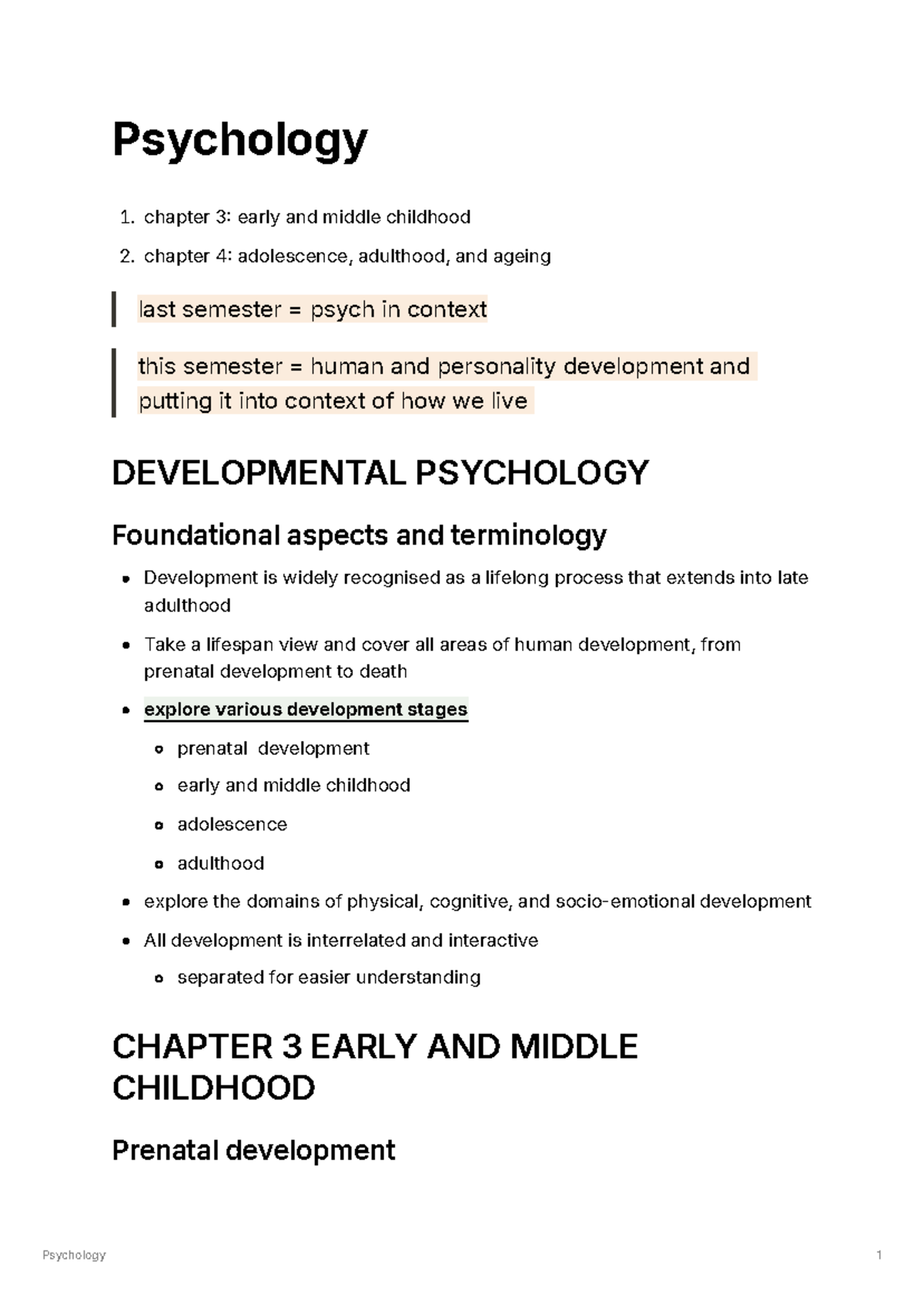 Psychology 1: Developmental Psychology Chapters 3 & 4 Overview - Studocu