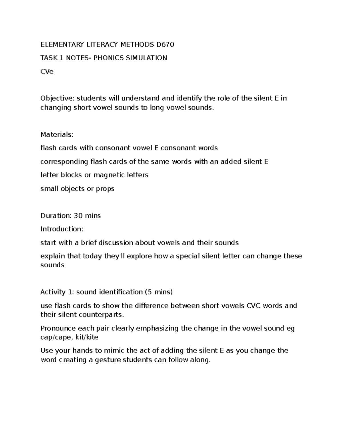 Elementary Literacy Methods D670: Phonics Simulation Task 1 - Studocu