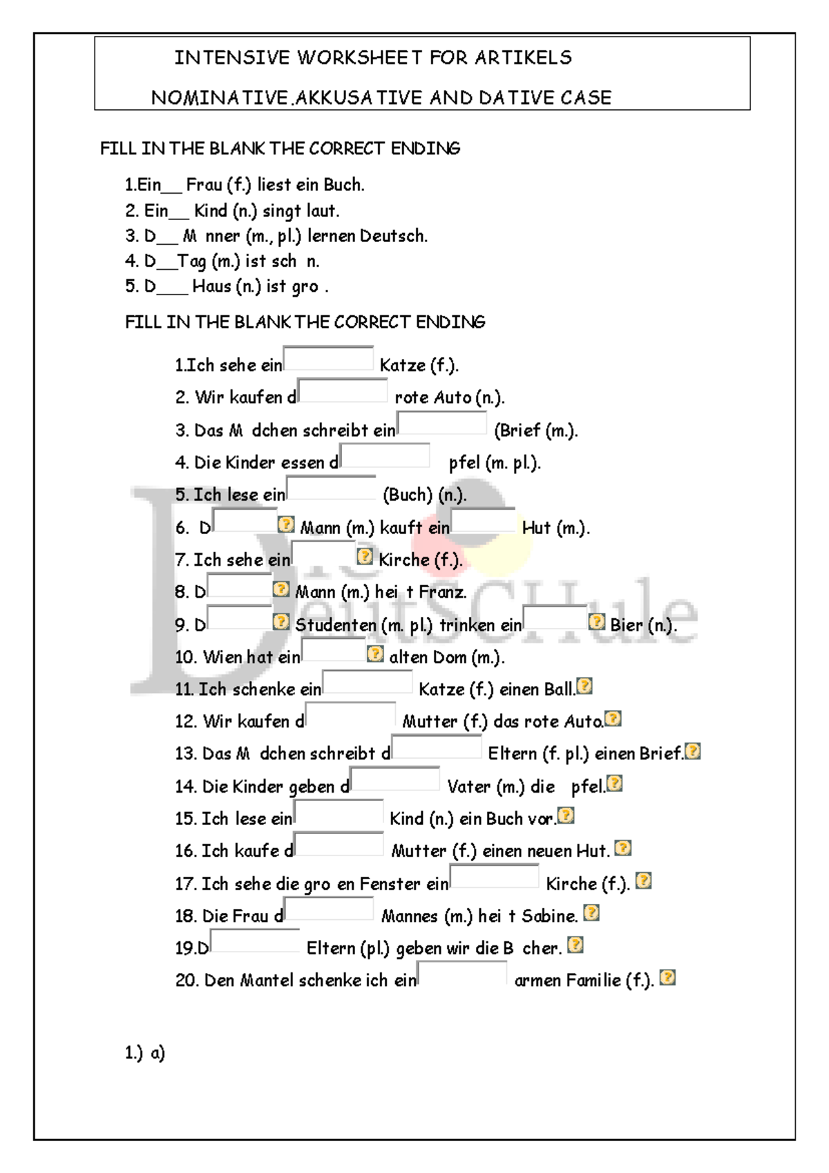 INTENSIVE WORKSHEET FOR ARTIKEL: NOMINATIVE, AKKUSATIVE, DATIVE CASE ...
