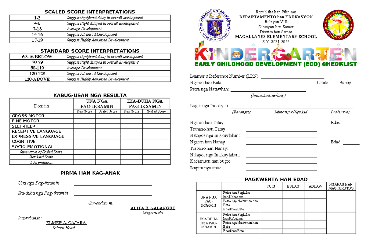 Early Childhood Development (ECD) Checklist with Score Interpretations ...