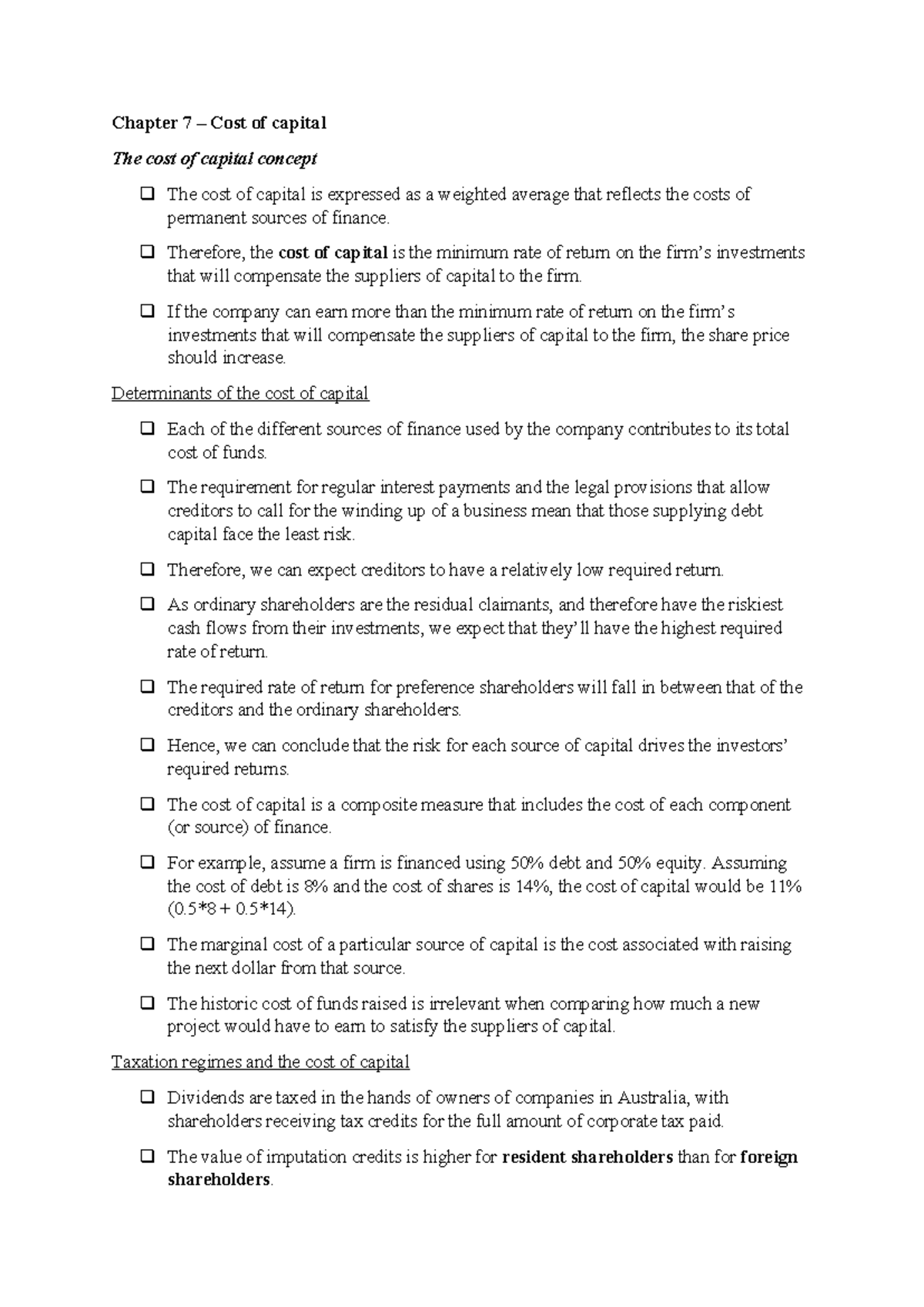 Chapter 7 - Cost of Capital Overview and Key Notes - Studocu