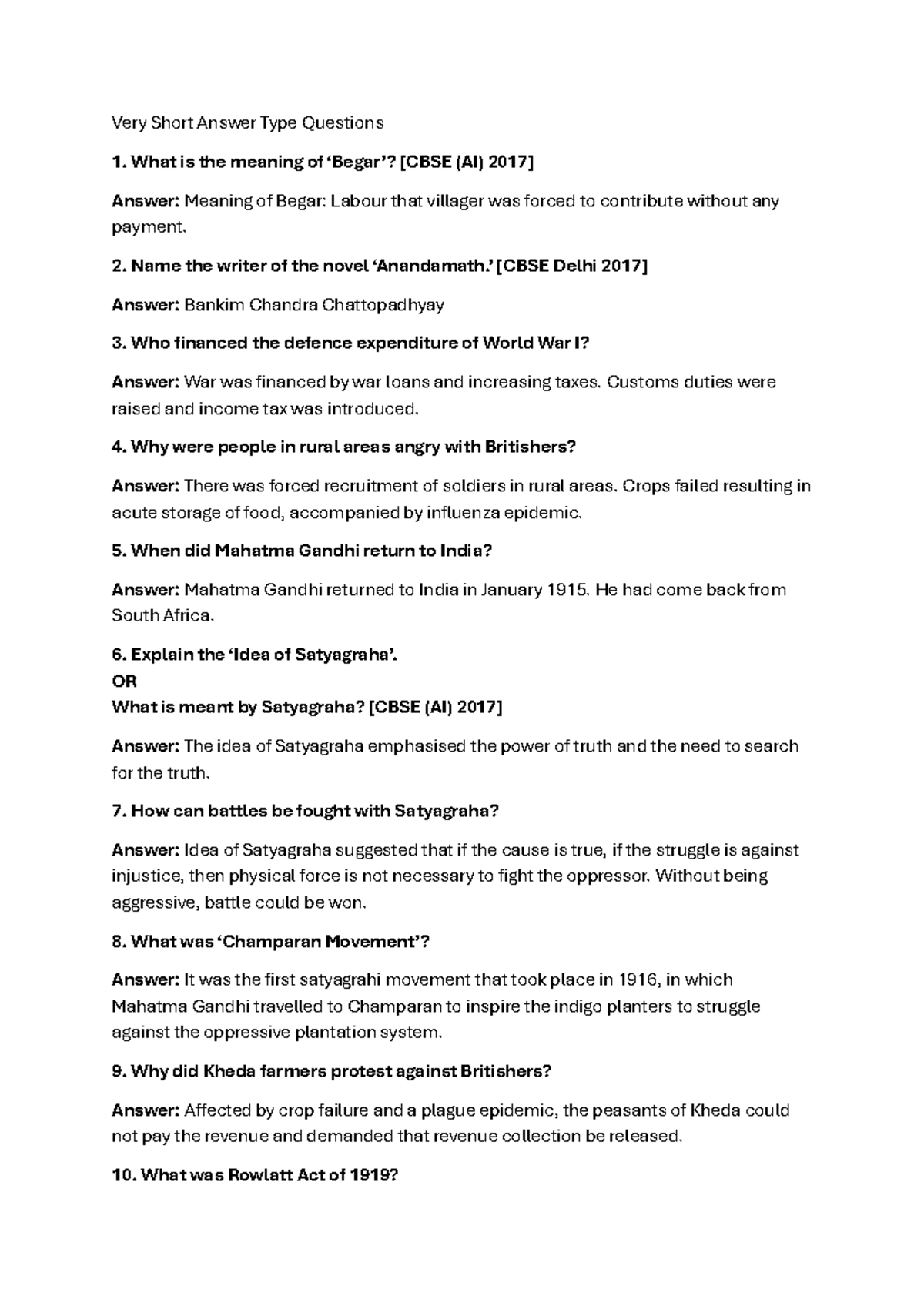 RISE OF Nationalism IN India - Very Short Answer Type Questions What is ...