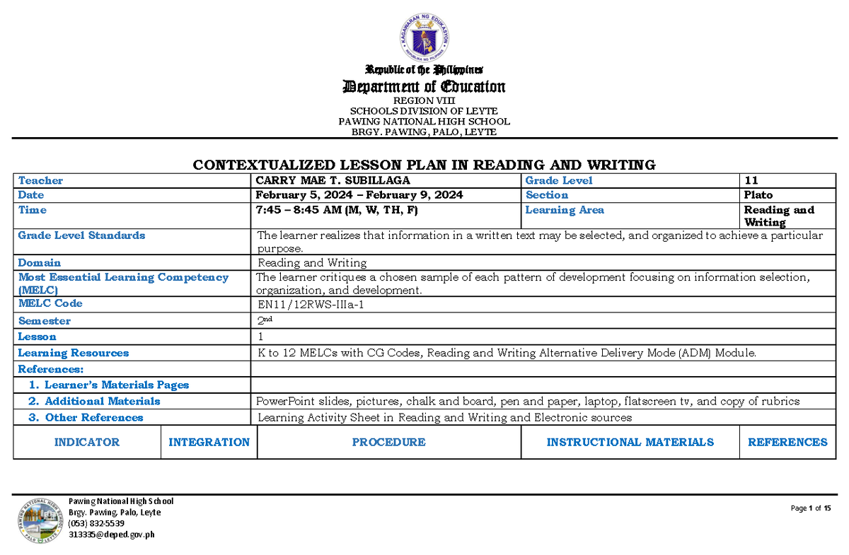 Contextualized Lesson Plan in Reading and Writing (EN11/12RWS-IIIa-1 ...