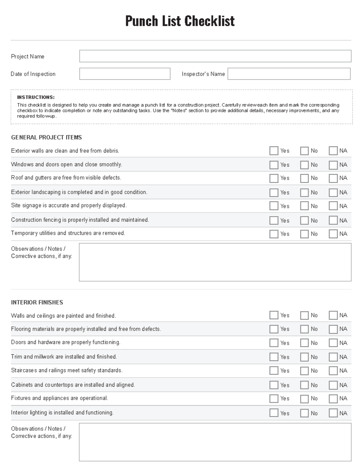 Punch-List-Checklist - Project Name Date of Inspection Inspector’s Name ...