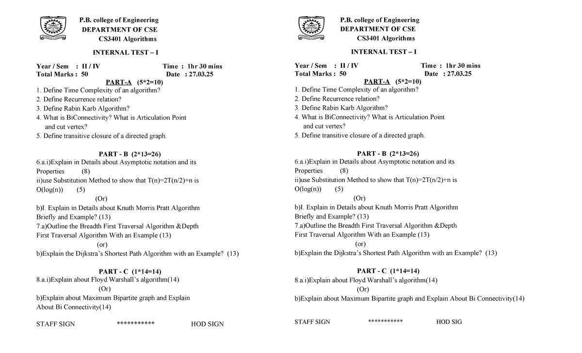 CS3401 Algorithms Internal Test I - Year II Sem IV Notes - Studocu
