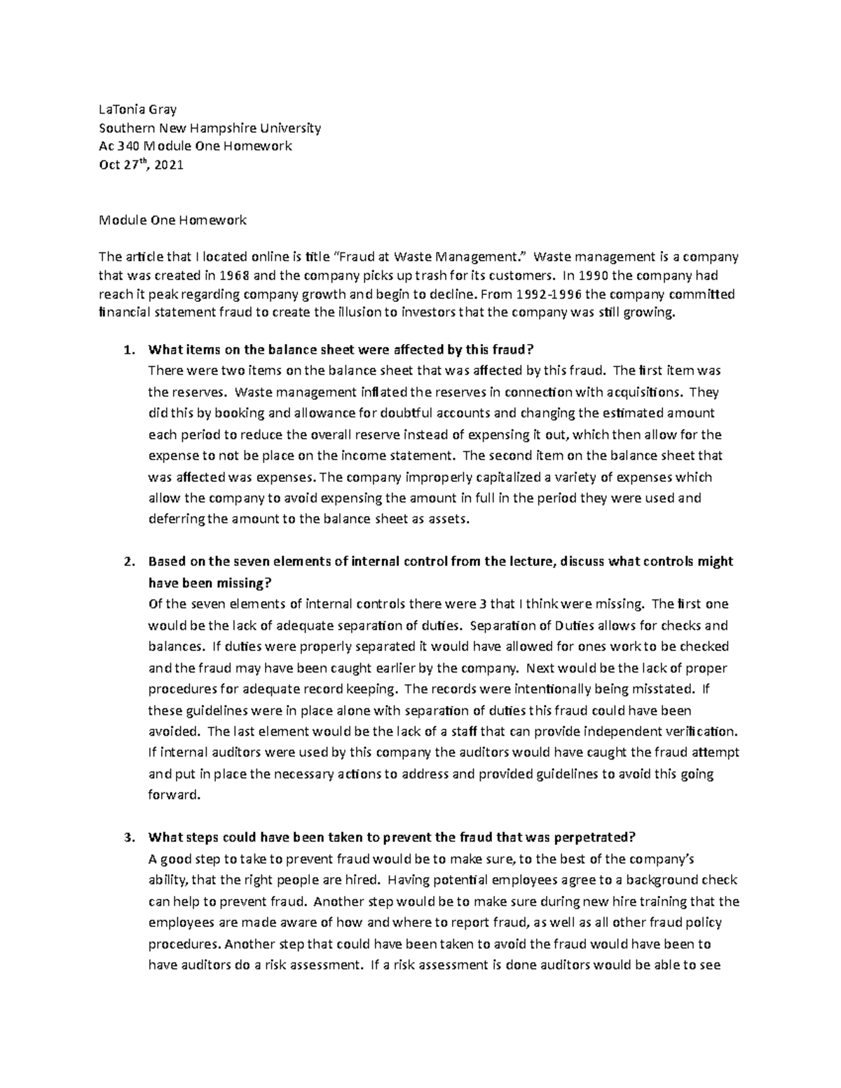 Acc 340 week 1 homework - LaTonia Gray Southern New Hampshire ...