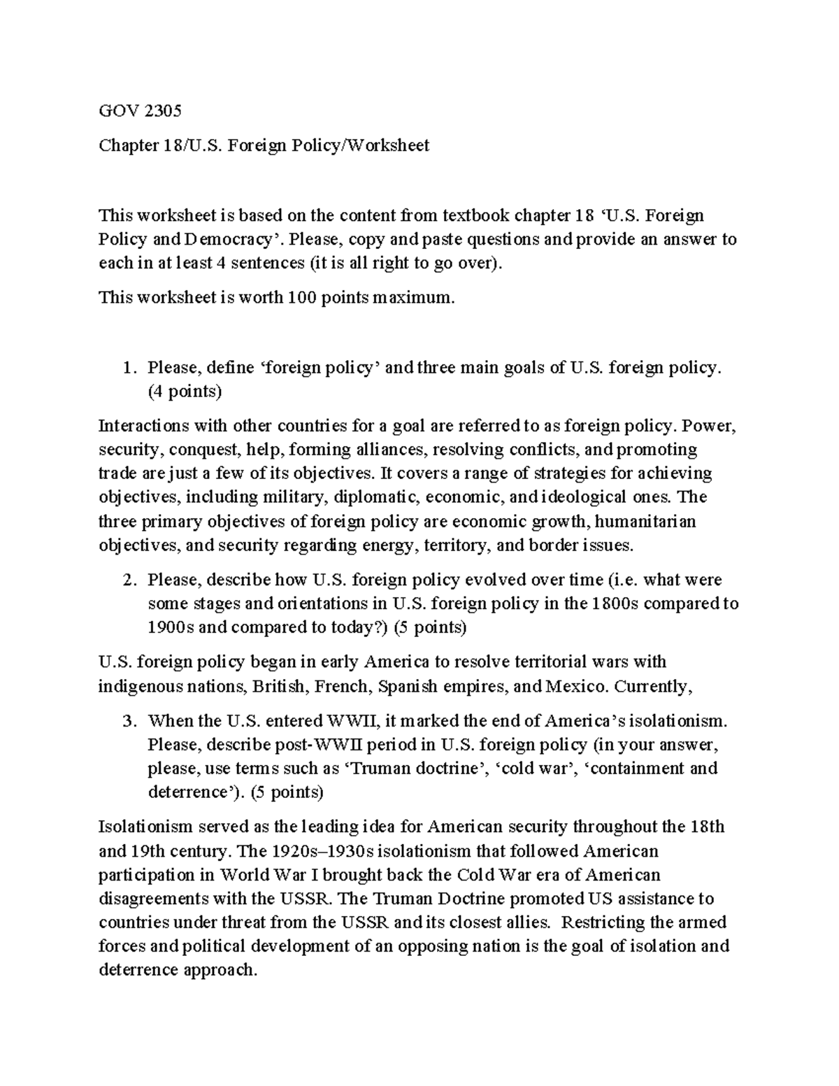 GOV 2305 Chapter 18 U.S. Foreign Policy Worksheet Analysis - Studocu