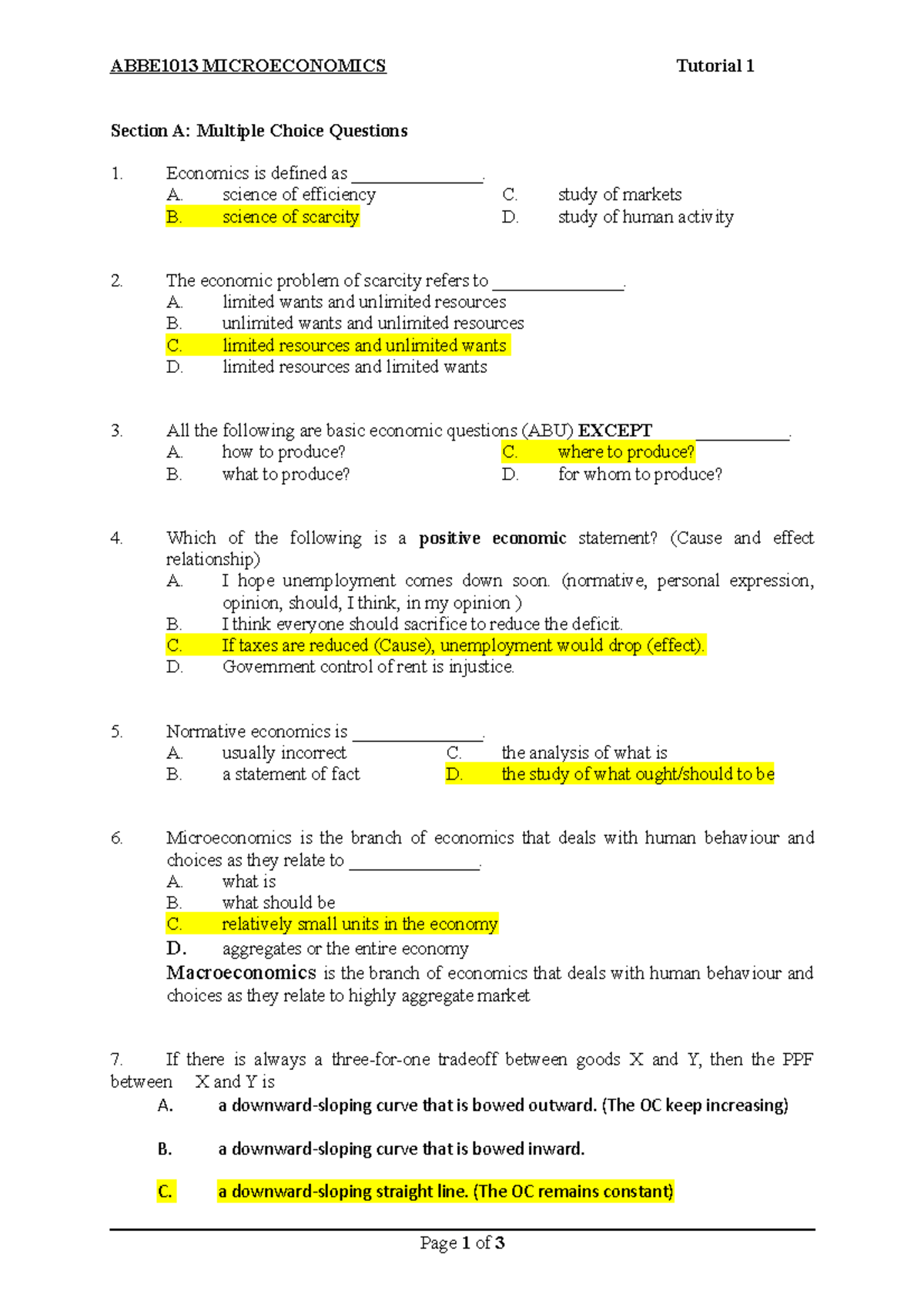 Microeconomics tutorial chapter 1 - ABBE1013 MICROECONOMICS Tutorial 1 ...