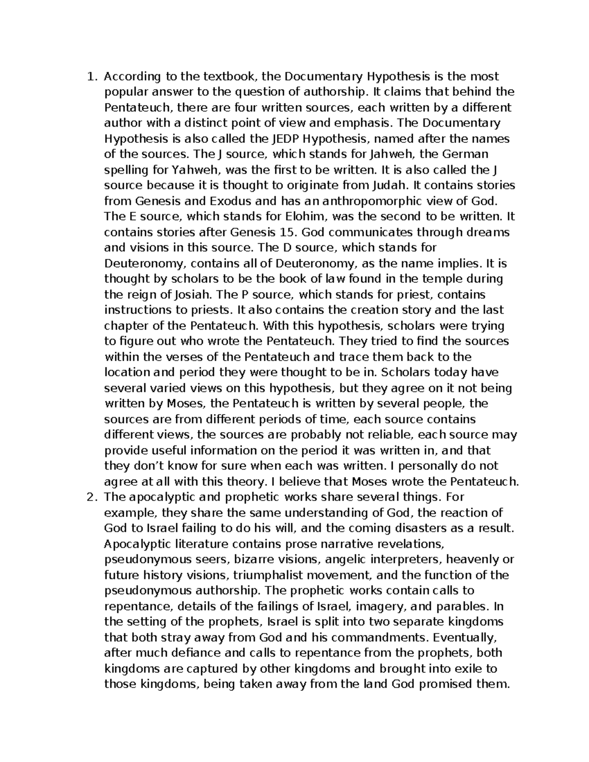 Understanding the Pentateuch: The JEDP Hypothesis Explained - Studocu