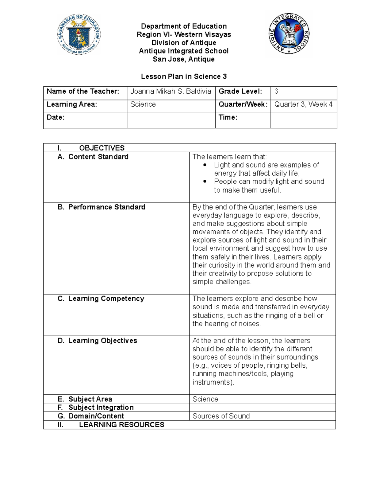 Lesson Plan in Science 3: Exploring Light and Sound Concepts - Studocu