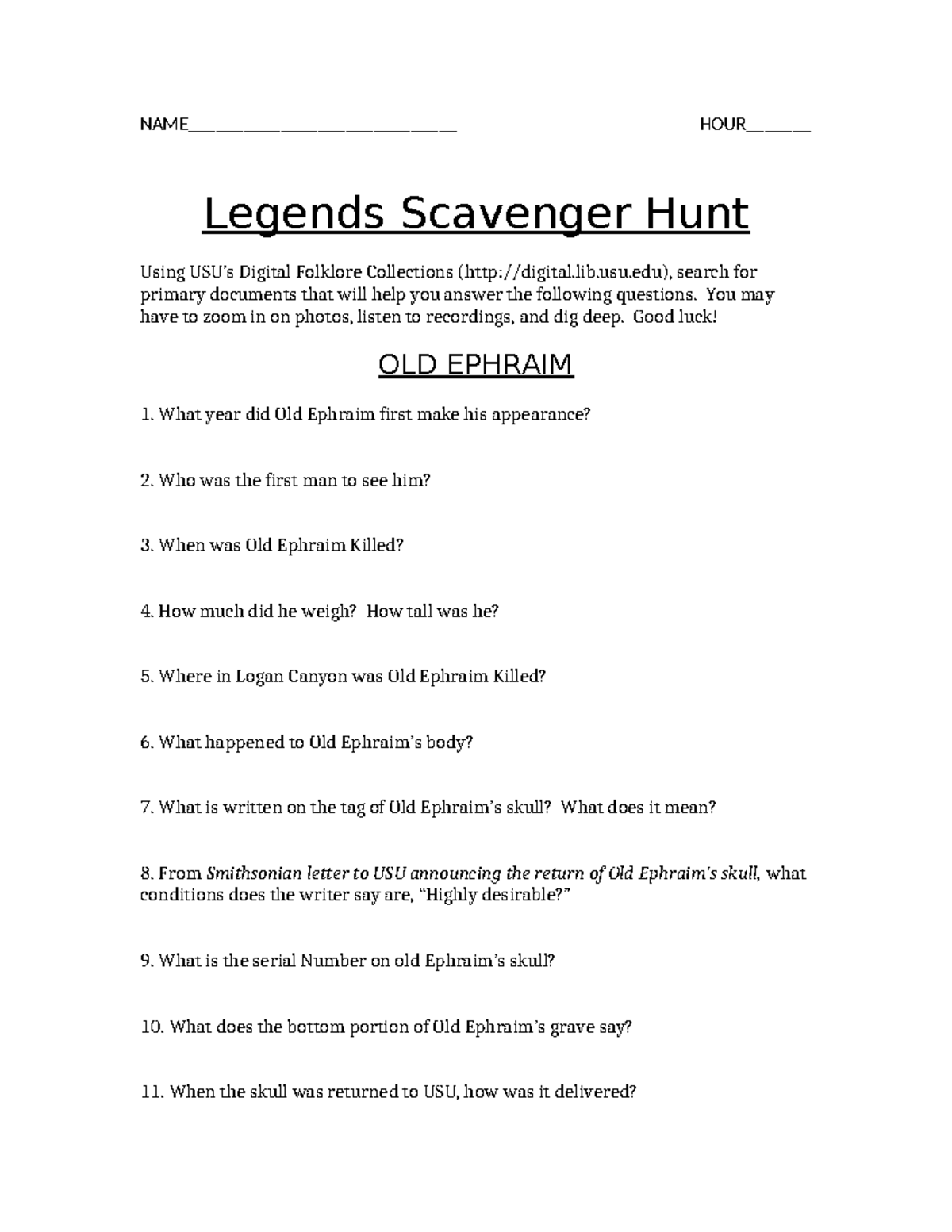 Legends Scavenger Hunt: Exploring Old Ephraim & Bear Lake Monster - Studocu