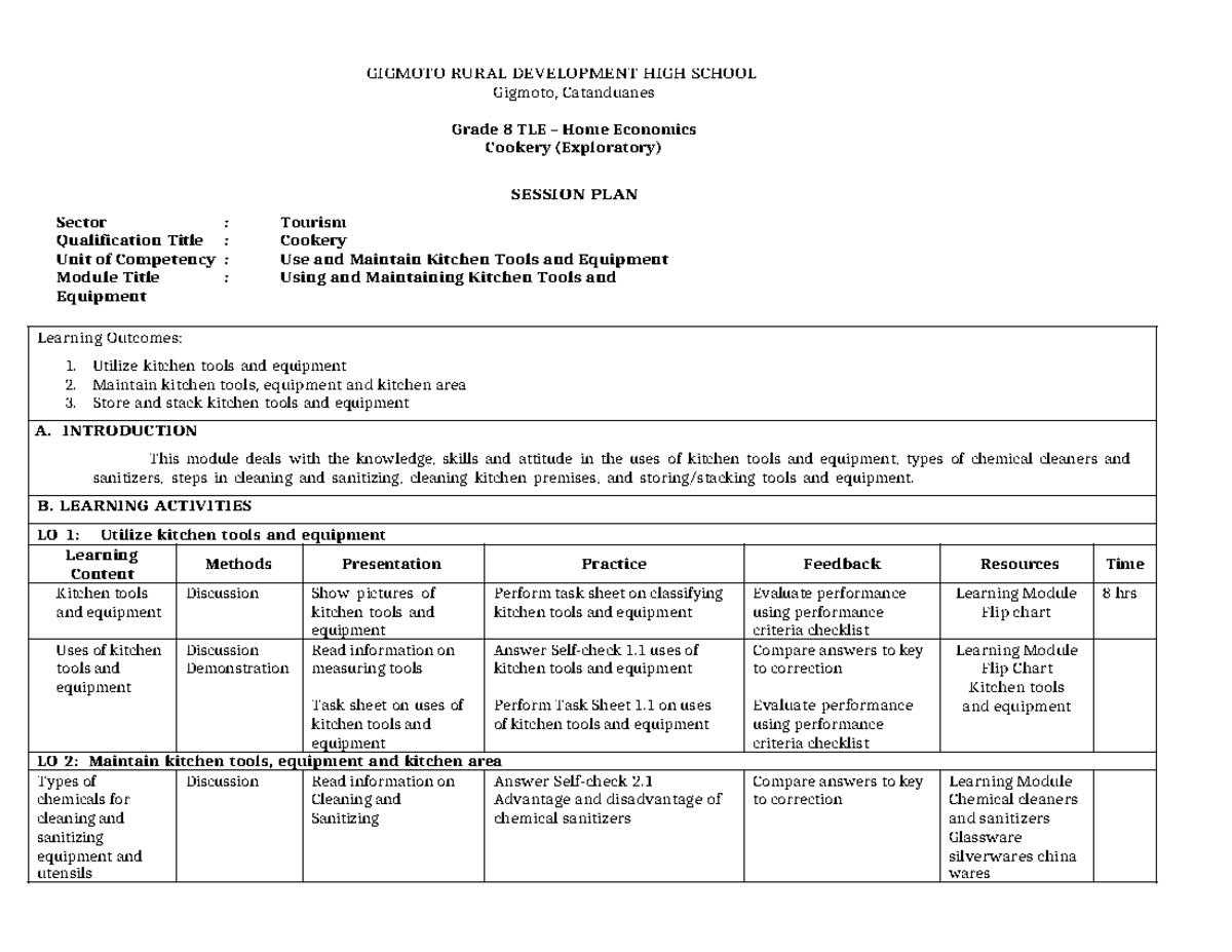 Session plan cookery exploratory - GIGMOTO RURAL DEVELOPMENT HIGH ...