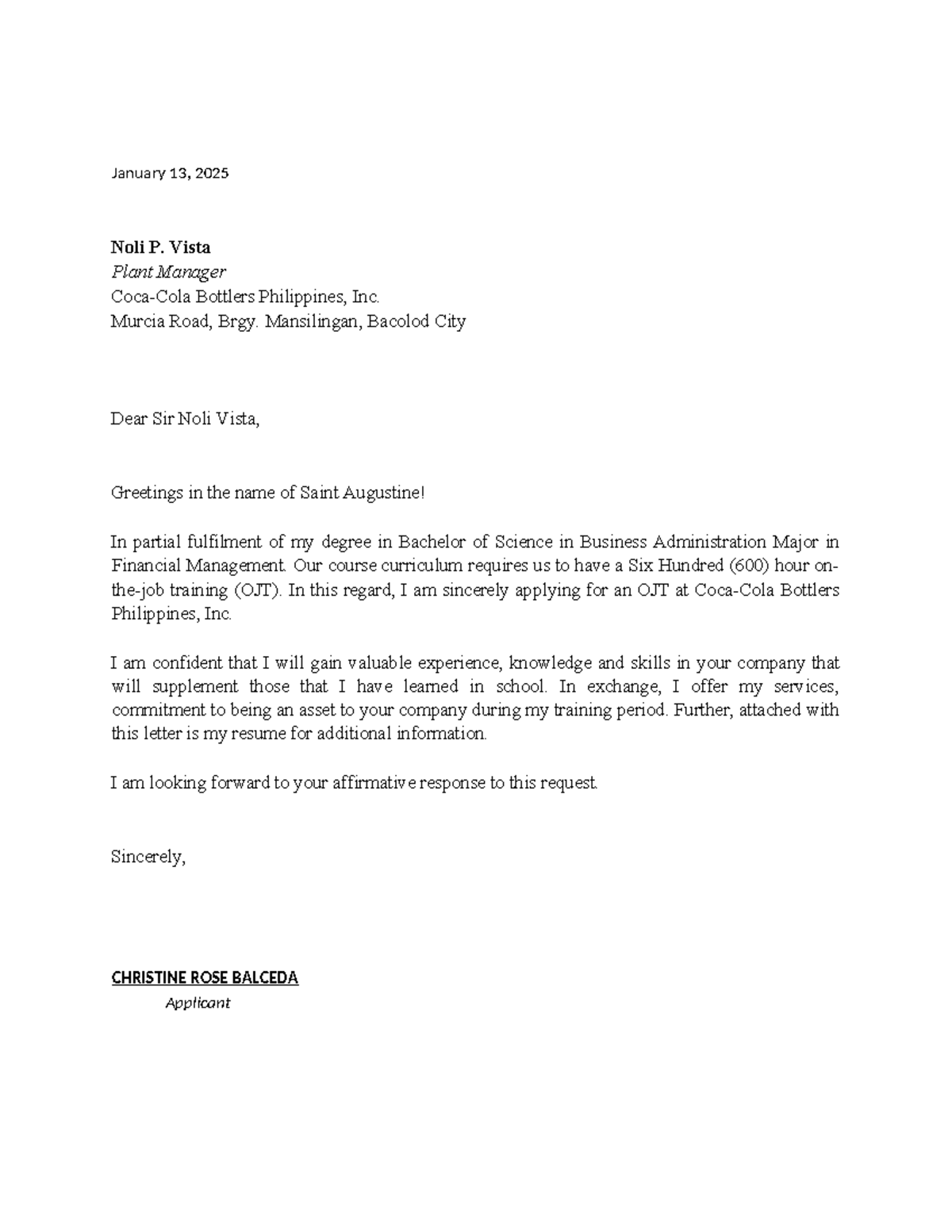 Practicum Course OJT Application Letter by Christine Rose Balceda - Studocu