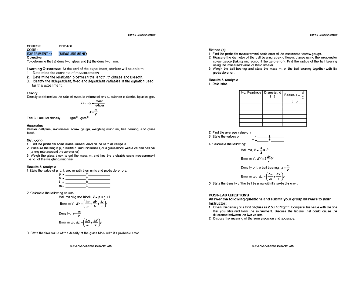 EXPT. 1 MEASUREMENT & EXPERIMENTS IN PHY 406 LAB MANUAL - Studocu