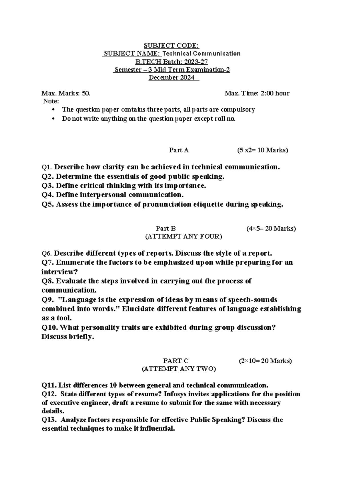 Technical Communication paper B.TECH mid term-2 - SUBJECT CODE: SUBJECT NAME: Technical - Studocu
