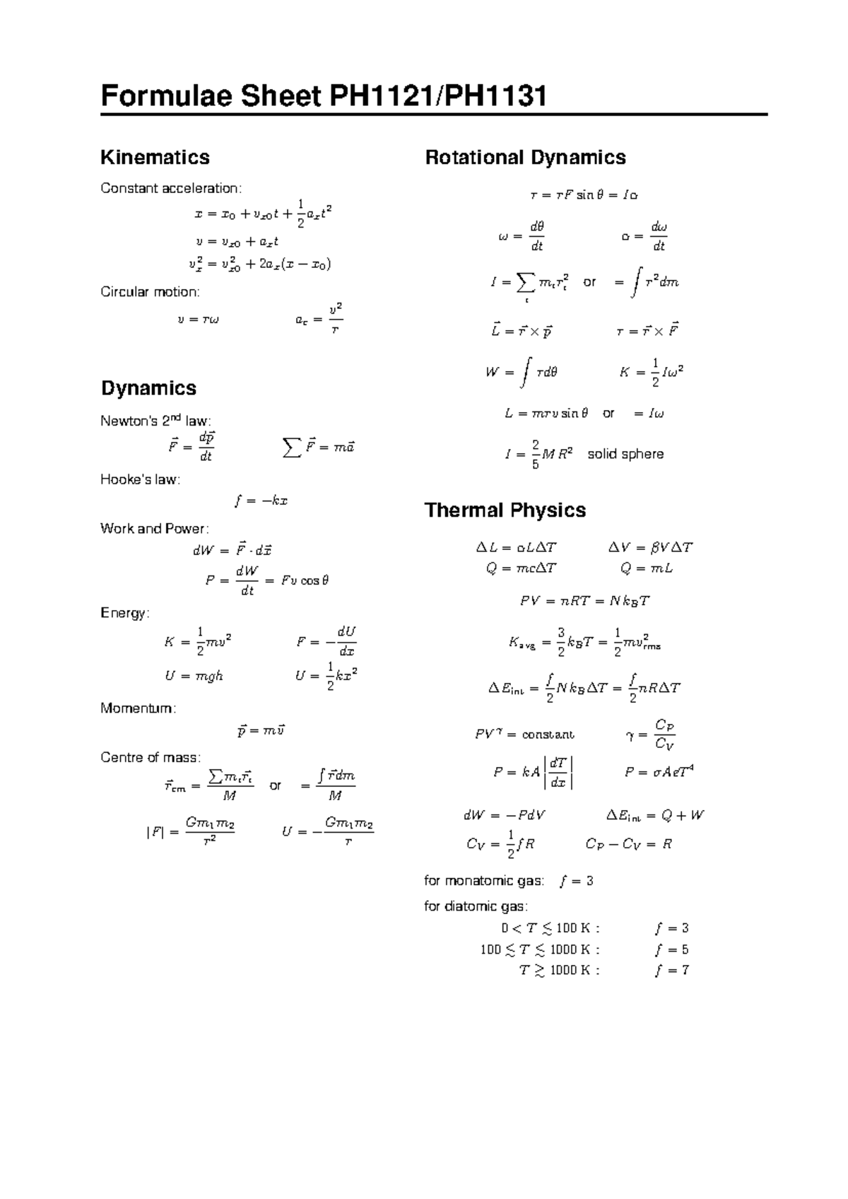 Kinematics & Dynamics Formula Sheet for PH1121/PH Course - Studocu