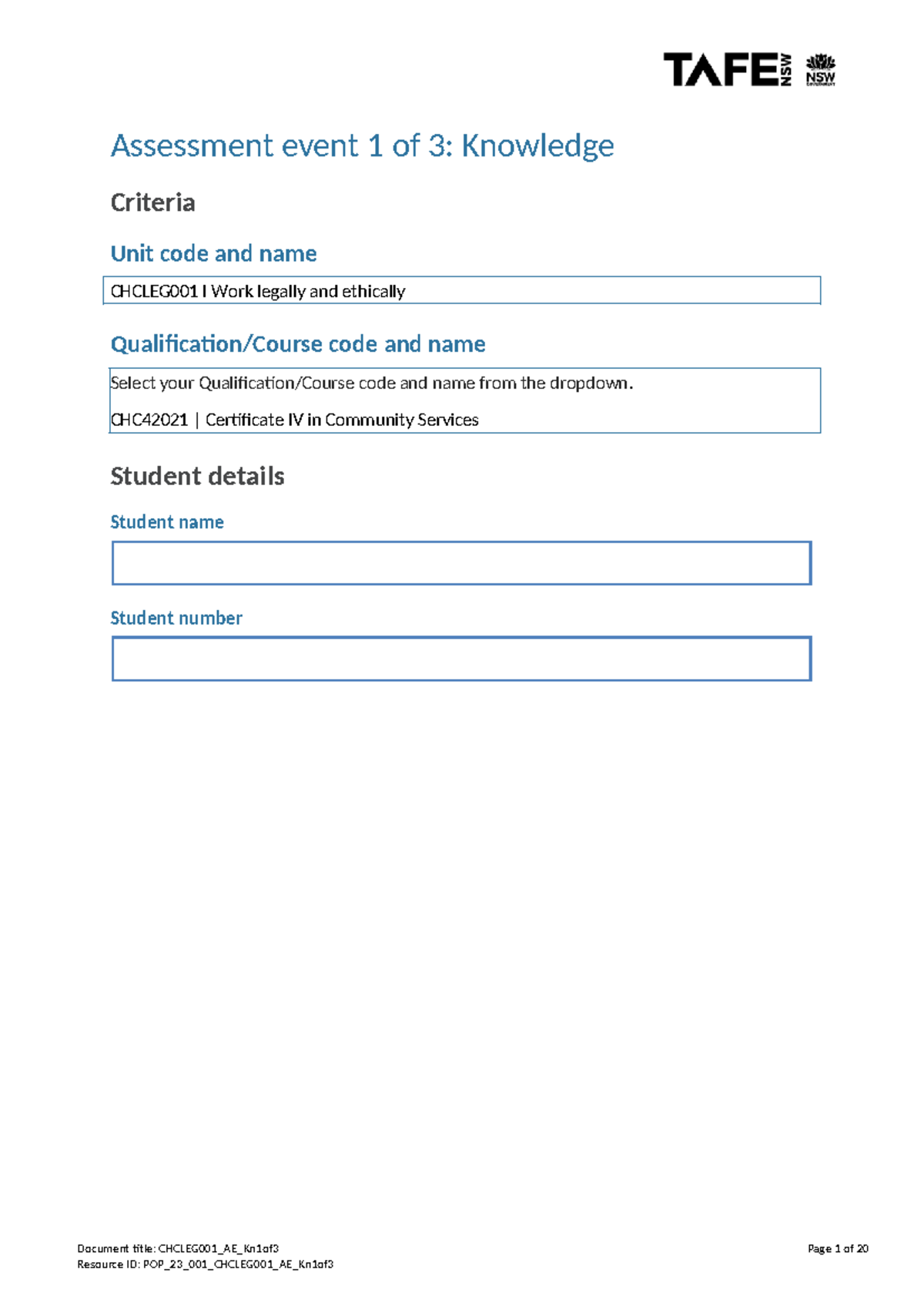 CHCLEG001 Assessment Event 1 of 3: Knowledge Criteria Guide - Studocu