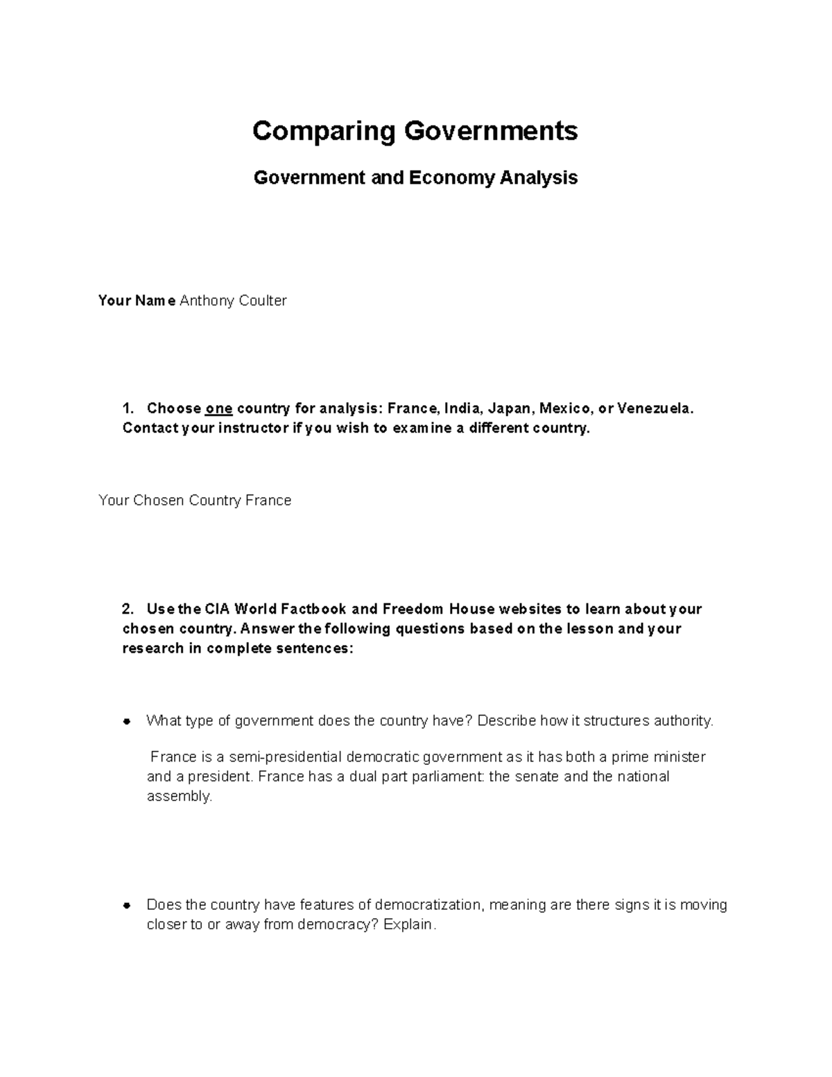 1.07 Comparing Governments: France Analysis Assignment - Studocu