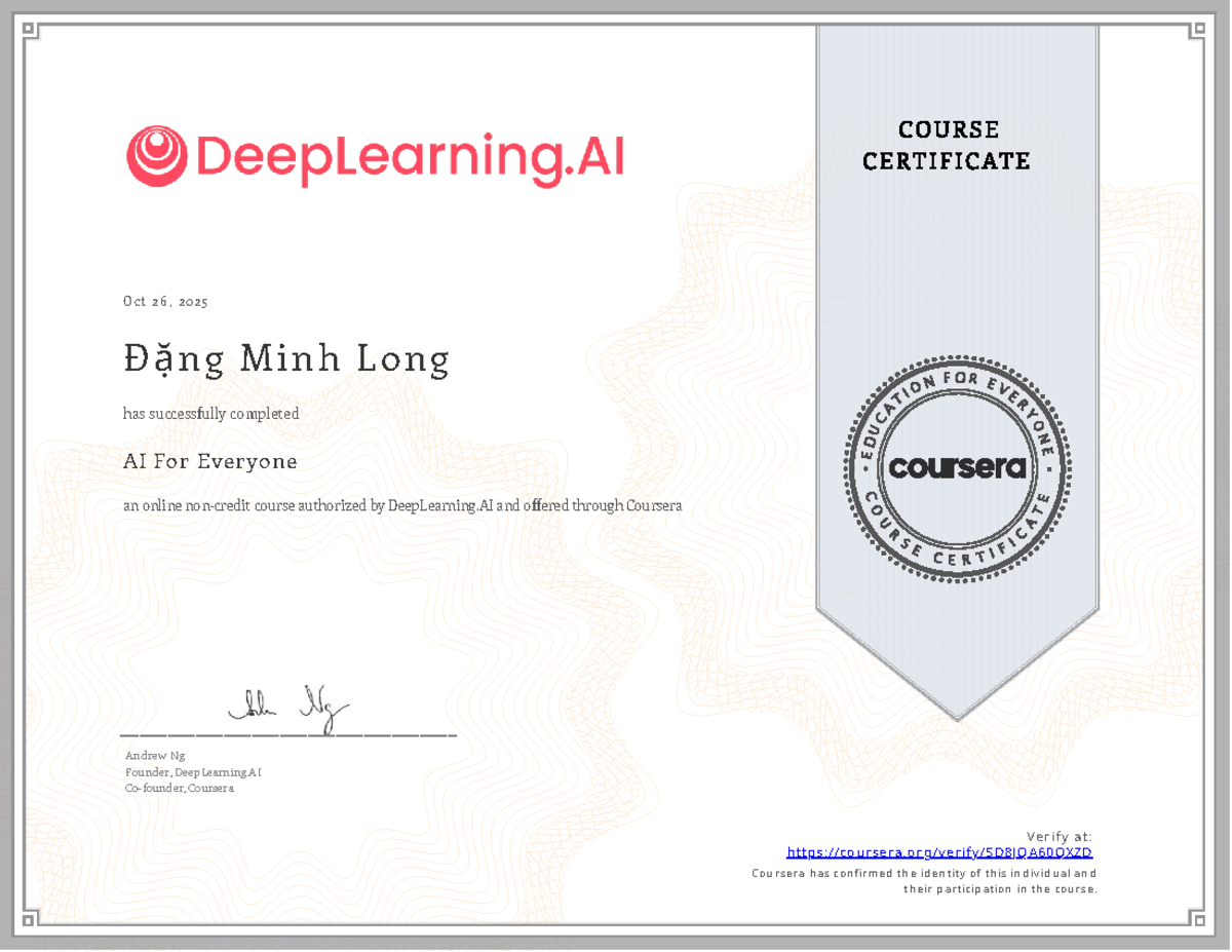AI For Everyone Course Completion - SD8JQA60QXZD - Studocu
