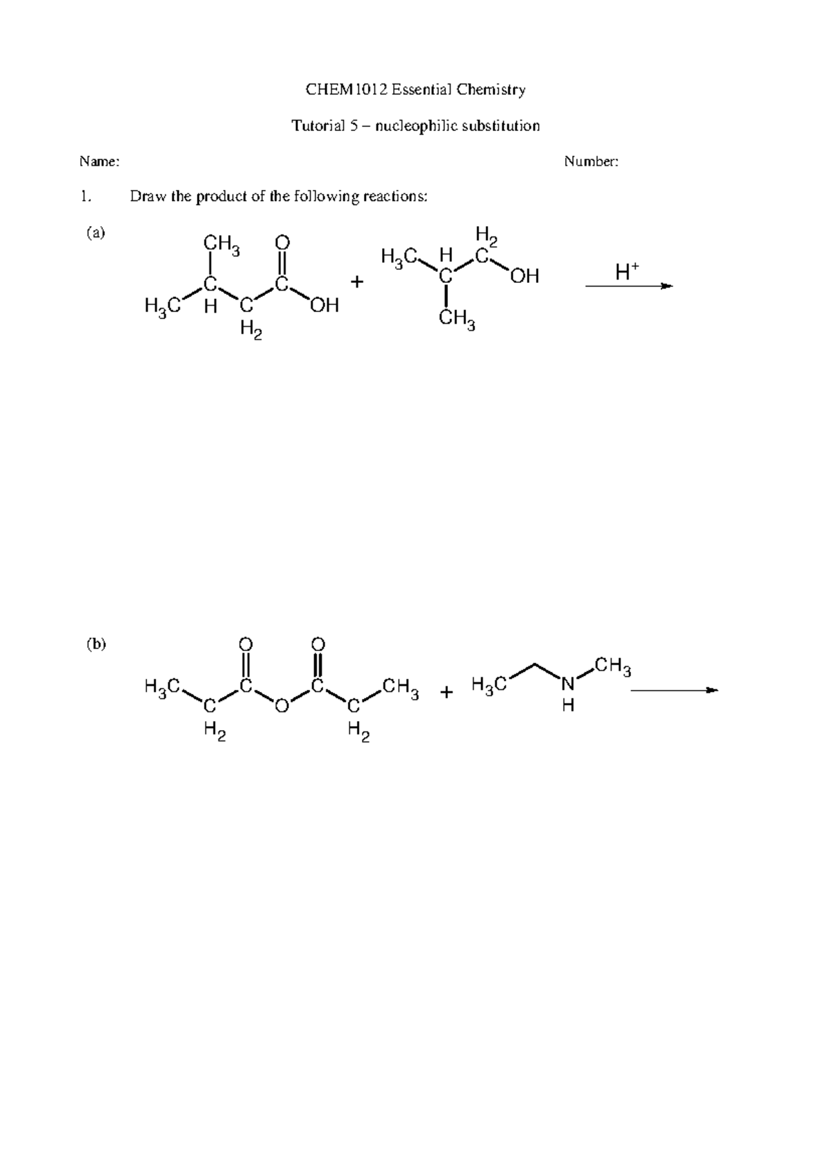 CHEM1012 Tutorial 5: Nucleophilic Substitution Reactions - Studocu