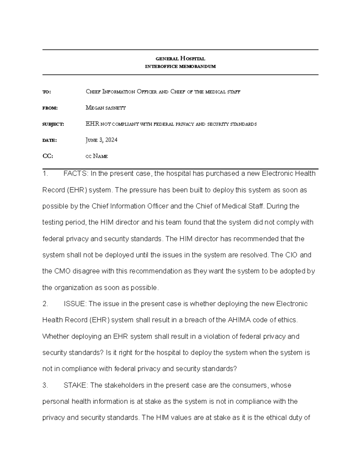Ethics Memo Template: EHR Compliance Issues - June 2024 - Studocu