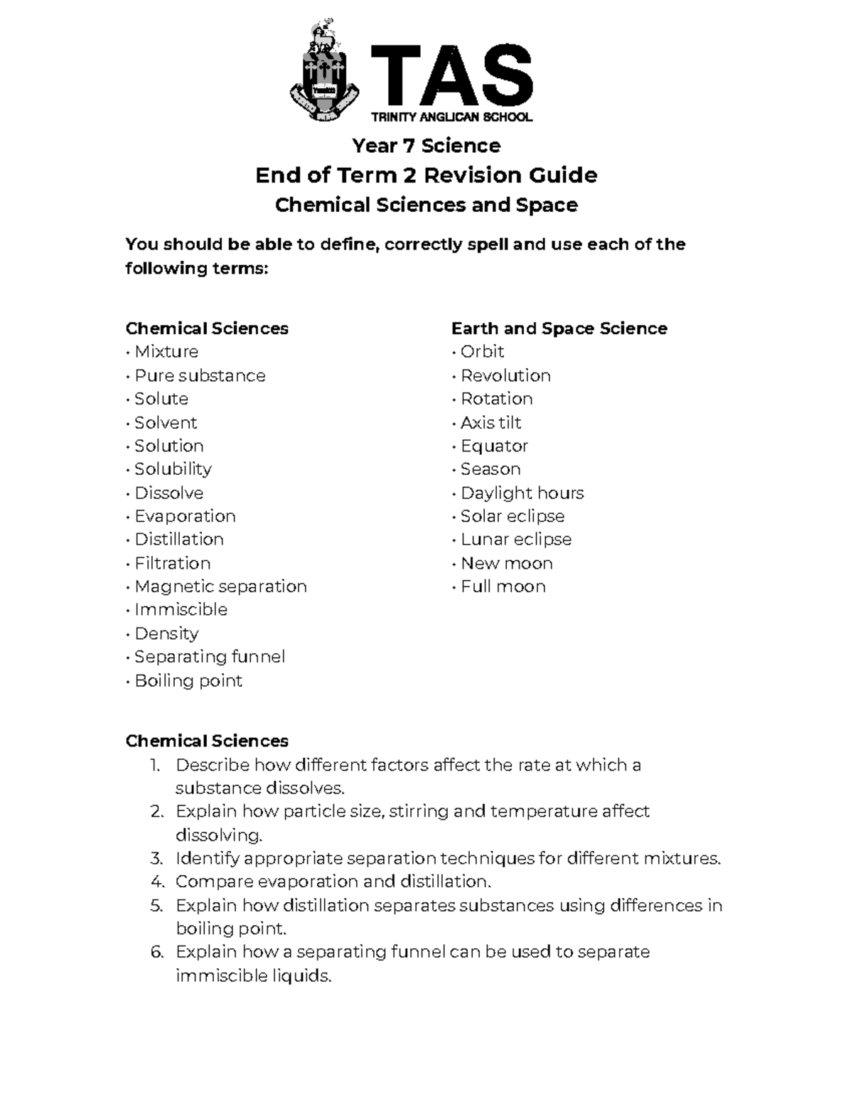 Year 7 Science Term 2 Revision Guide: Chemical & Space Sciences - Studocu