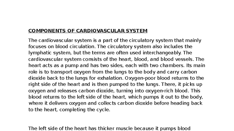 Components of the Cardiovascular System: Overview and Functions - Studocu