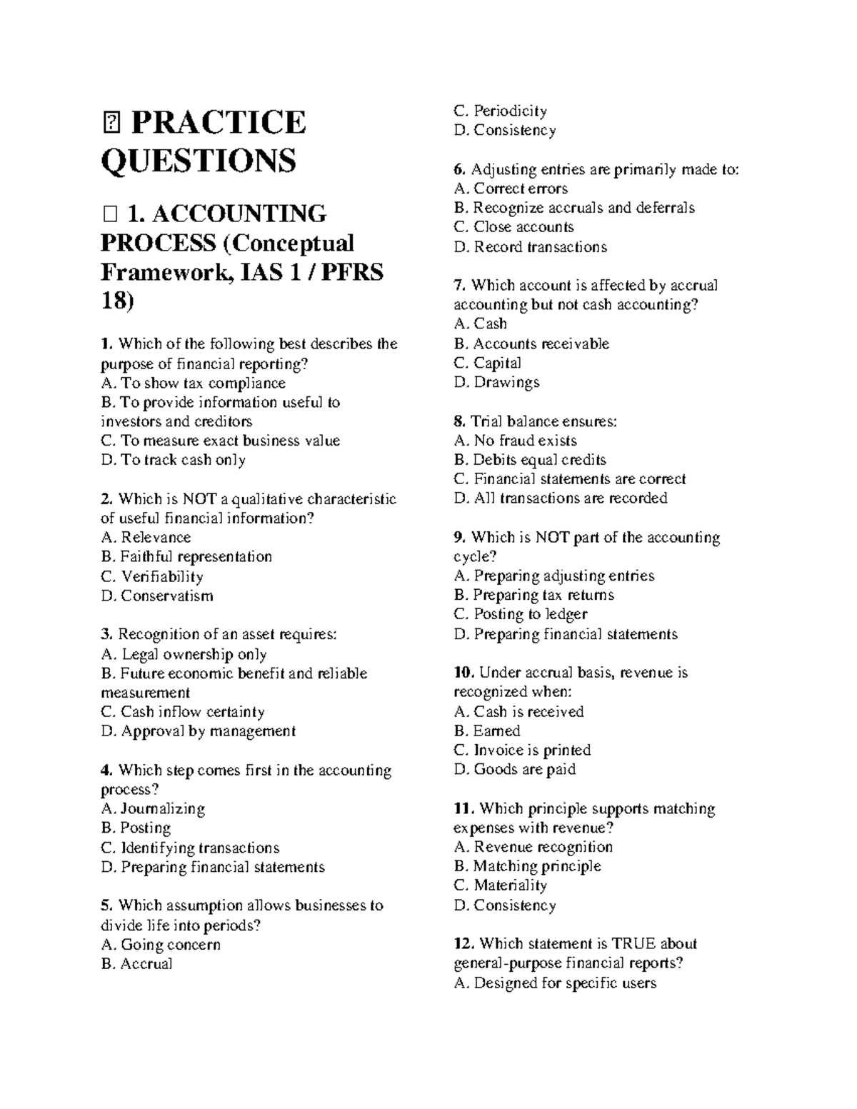 Practice Questions for Accounting Process (Conceptual Framework, IAS 1 ...