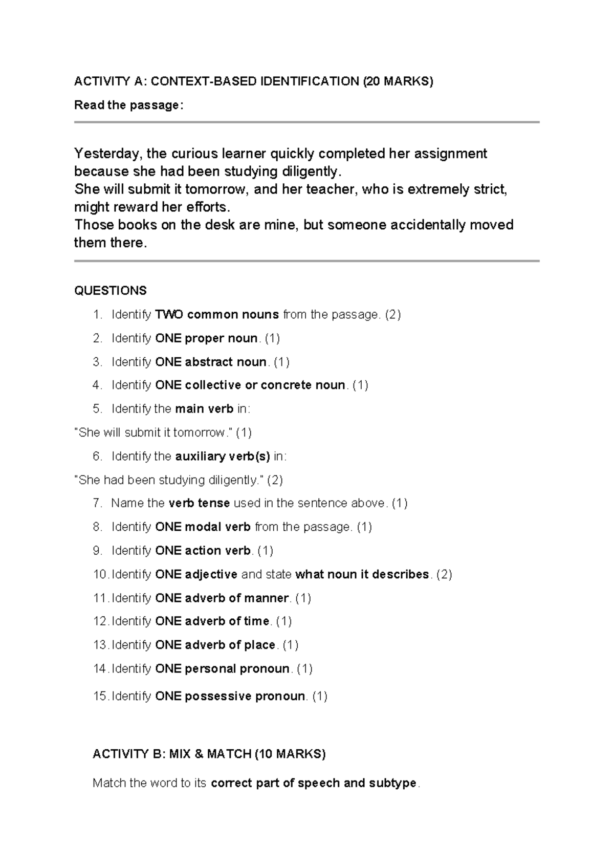 Grade 10 & 11 Language Revision Activity: Parts of Speech ...