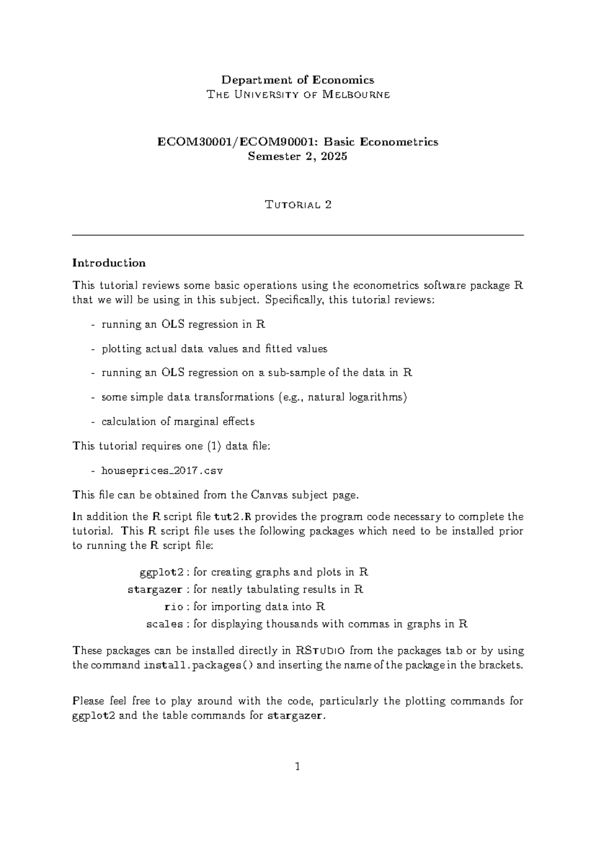 ECO1010 - Basic Econometrics Tutorial 2: OLS Regression in R - Studocu
