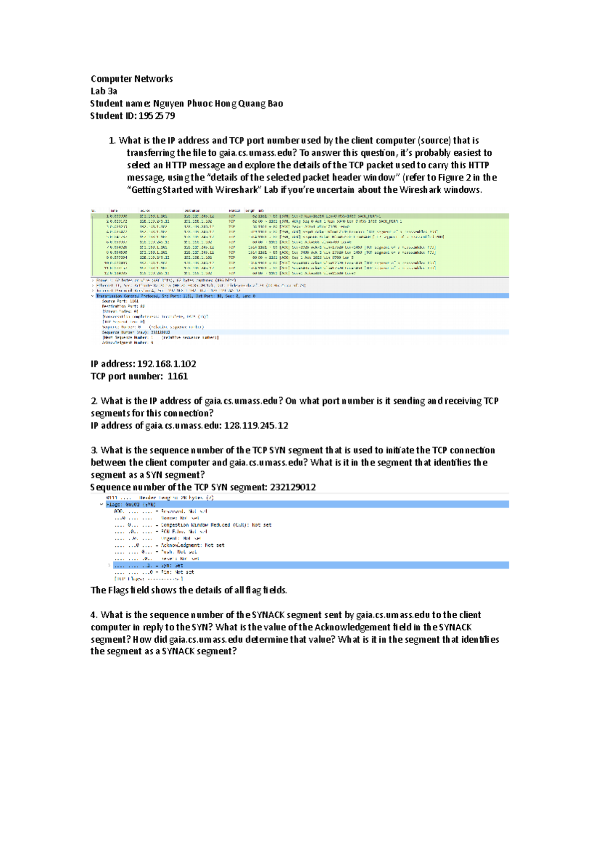 Lab 3a computer network - Computer Networks Lab 3a Student name: Nguyen ...