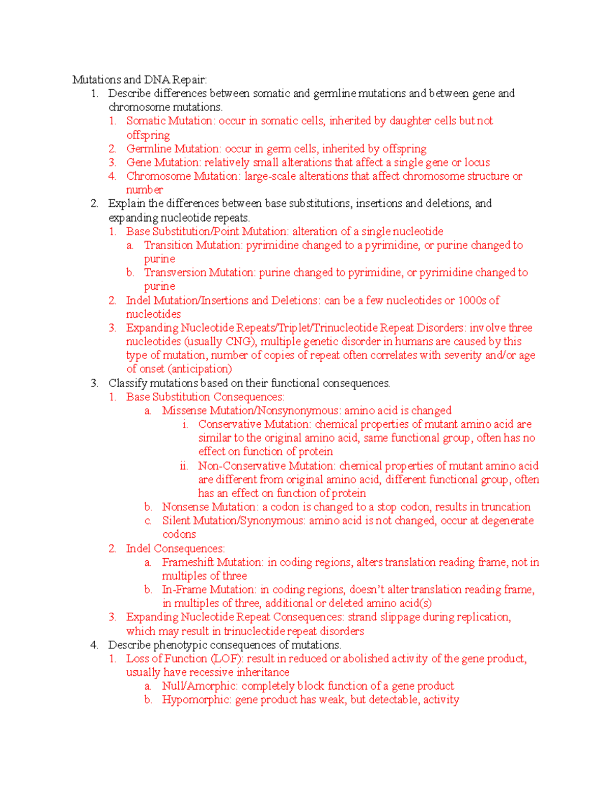 Learning Objectives - Test 5 - GENE 3200 - Mutations and DNA Repair: 1 ...