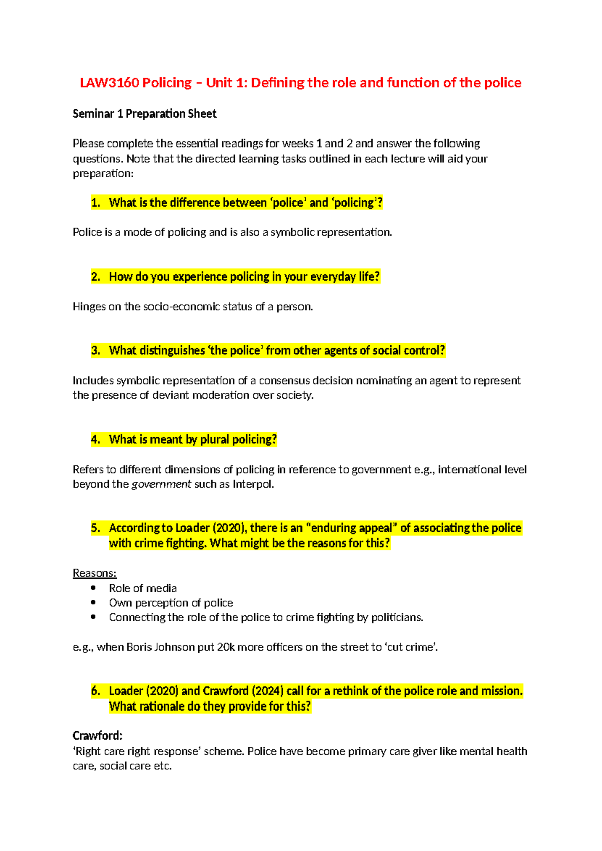 LAW3160 Seminar 1: Role & Function of Police - Preparation Notes - Studocu