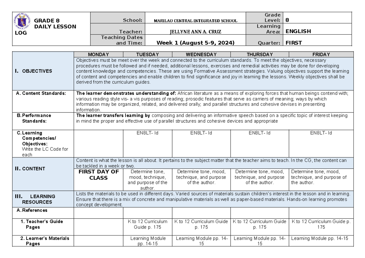 ENG DLL 1st Q Week 1 - Grade 8 Daily Lesson Log for English - Studocu