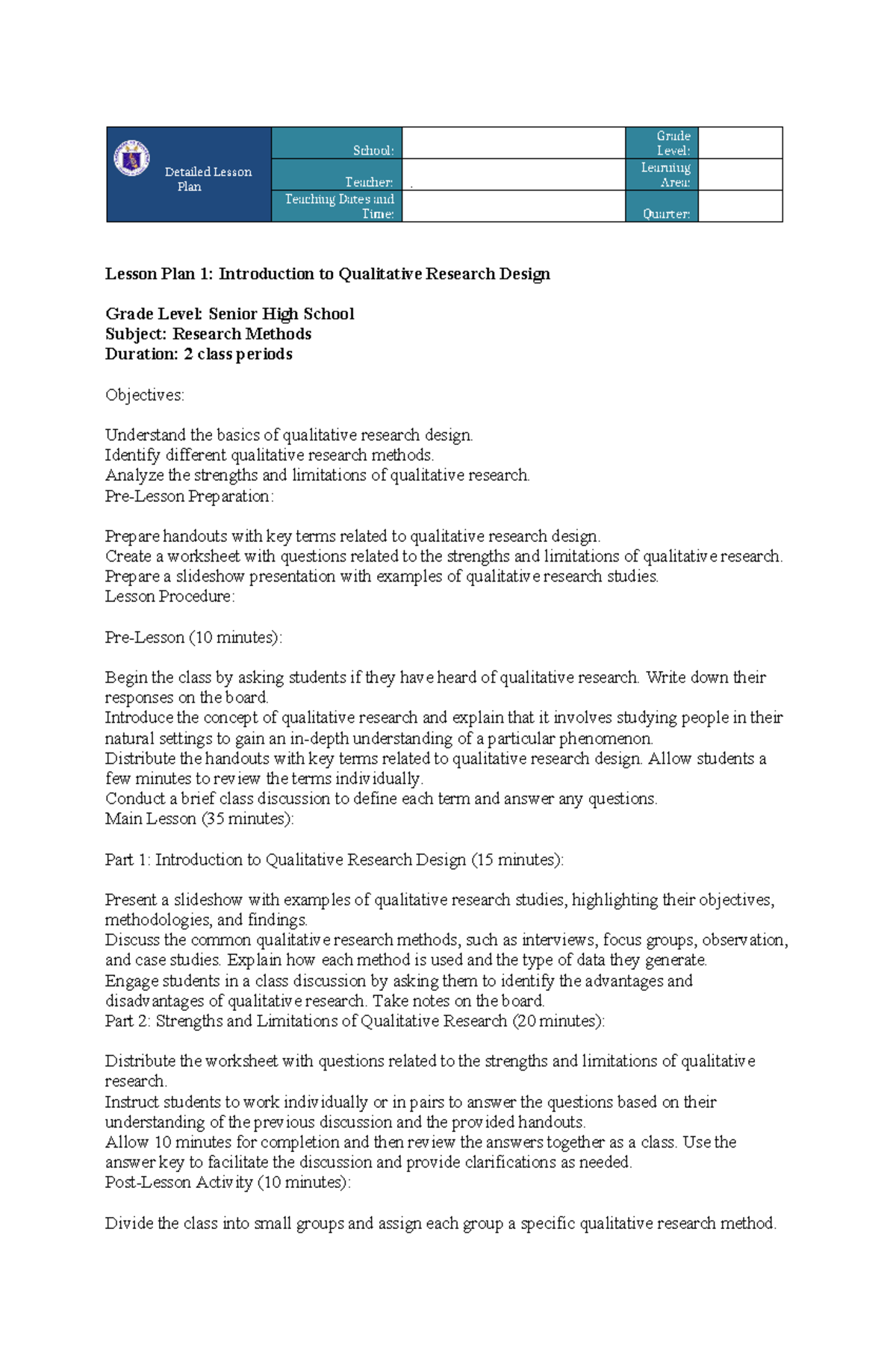 Practical Research 2: Detailed Lesson Plans for Qualitative Research ...