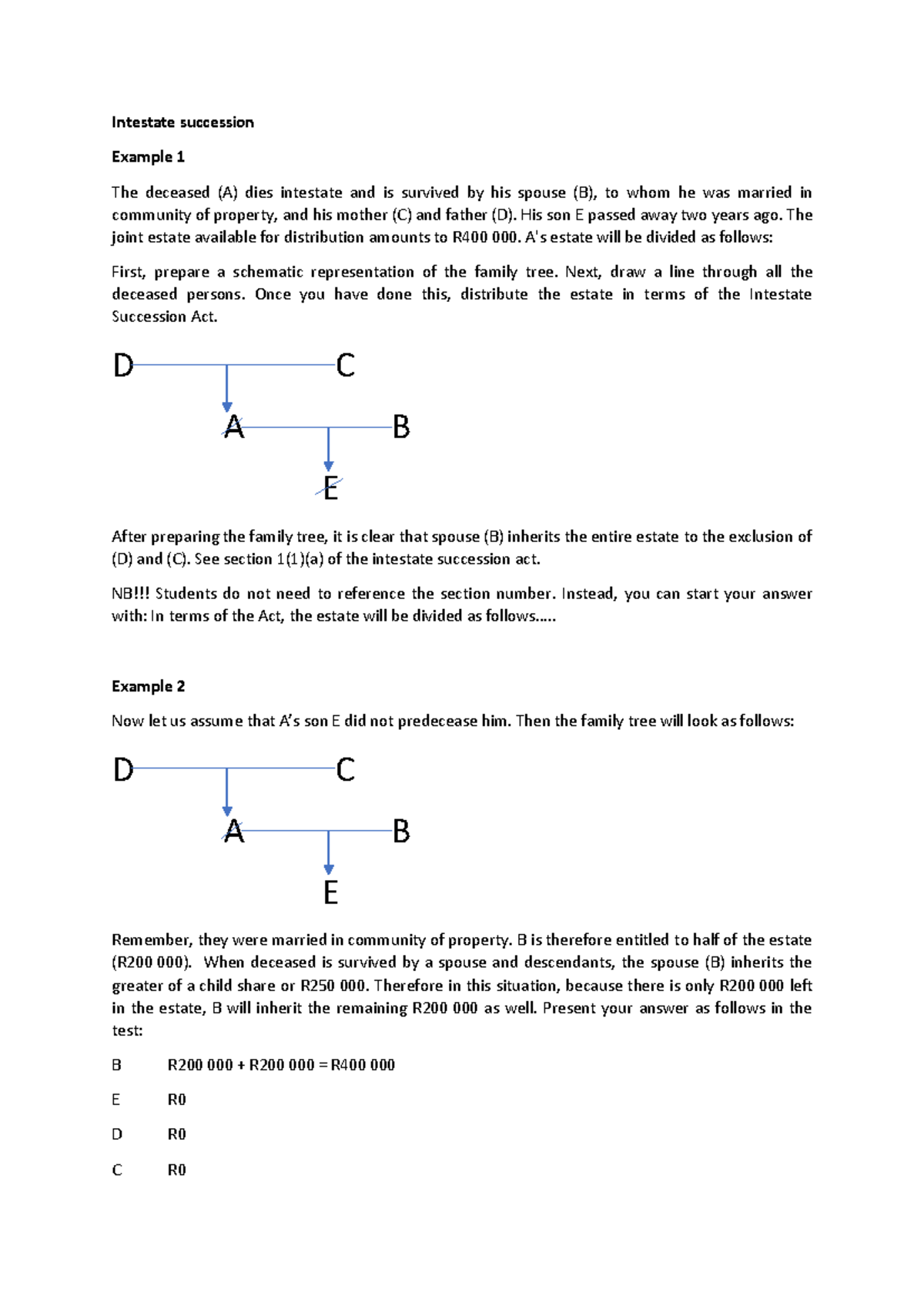 Unit 3: Intestate Succession Examples, Questions, and Memo - Studocu