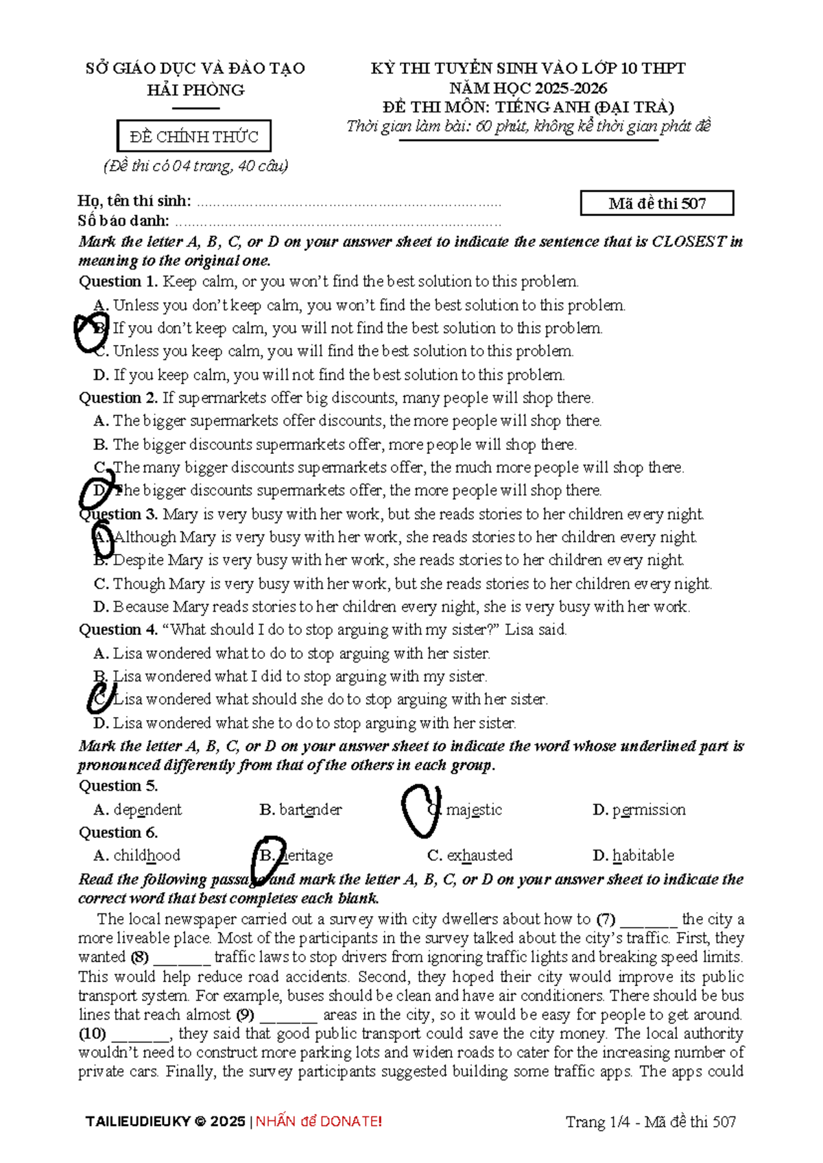 Đề Thi Tuyển Sinh Lớp 10 THPT 2025 - Môn Tiếng Anh (Đề 507) - Studocu