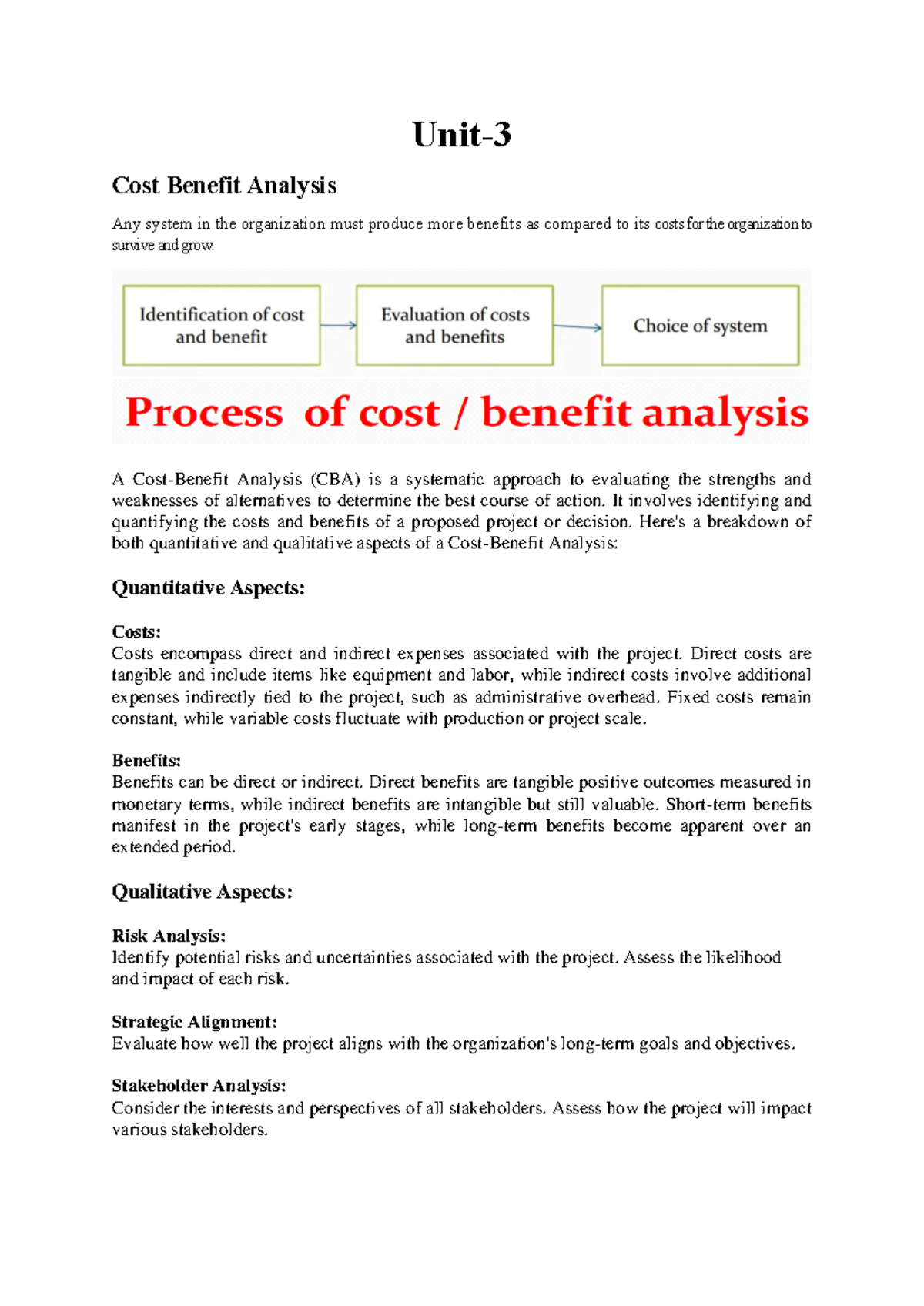 Unit-3 ISM: Cost-Benefit Analysis and Software Development Life Cycle ...