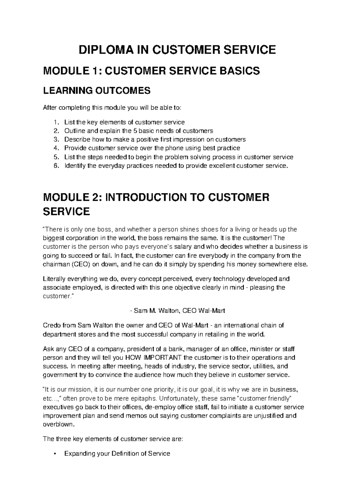 DIPLOMA IN CUSTOMER SERVICE NOTES: MODULE 1 & 2 OVERVIEW - Studocu