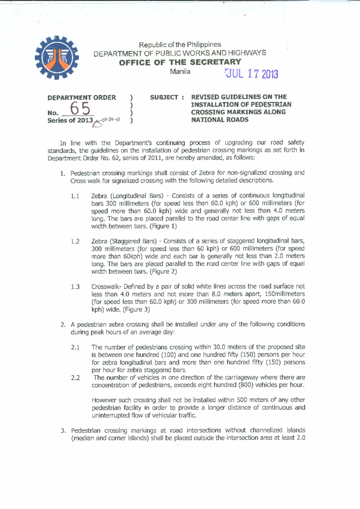 Revised Guidelines on Pedestrian Crossing Markings - DPWH DO 65, 2013 ...