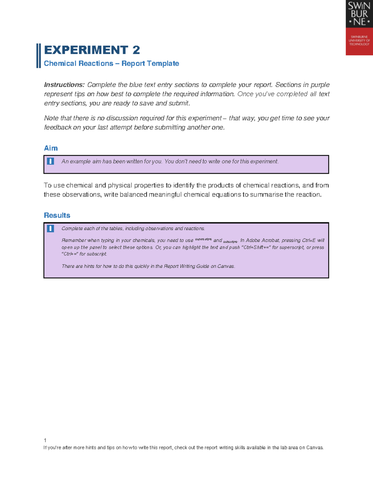 CHE10004 Experiment 2: Chemical Reactions Report Template Guide - Studocu