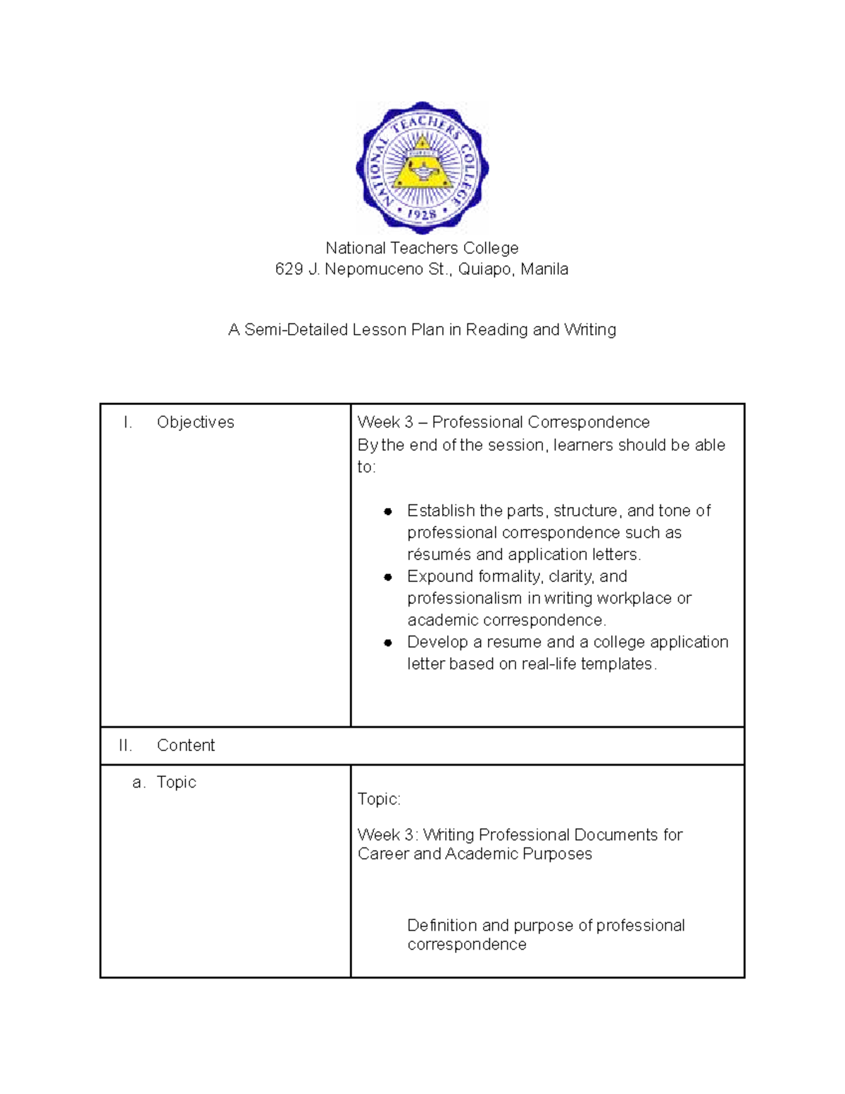 Final Lesson Plan: Reading & Writing Professional Correspondence (ENG ...