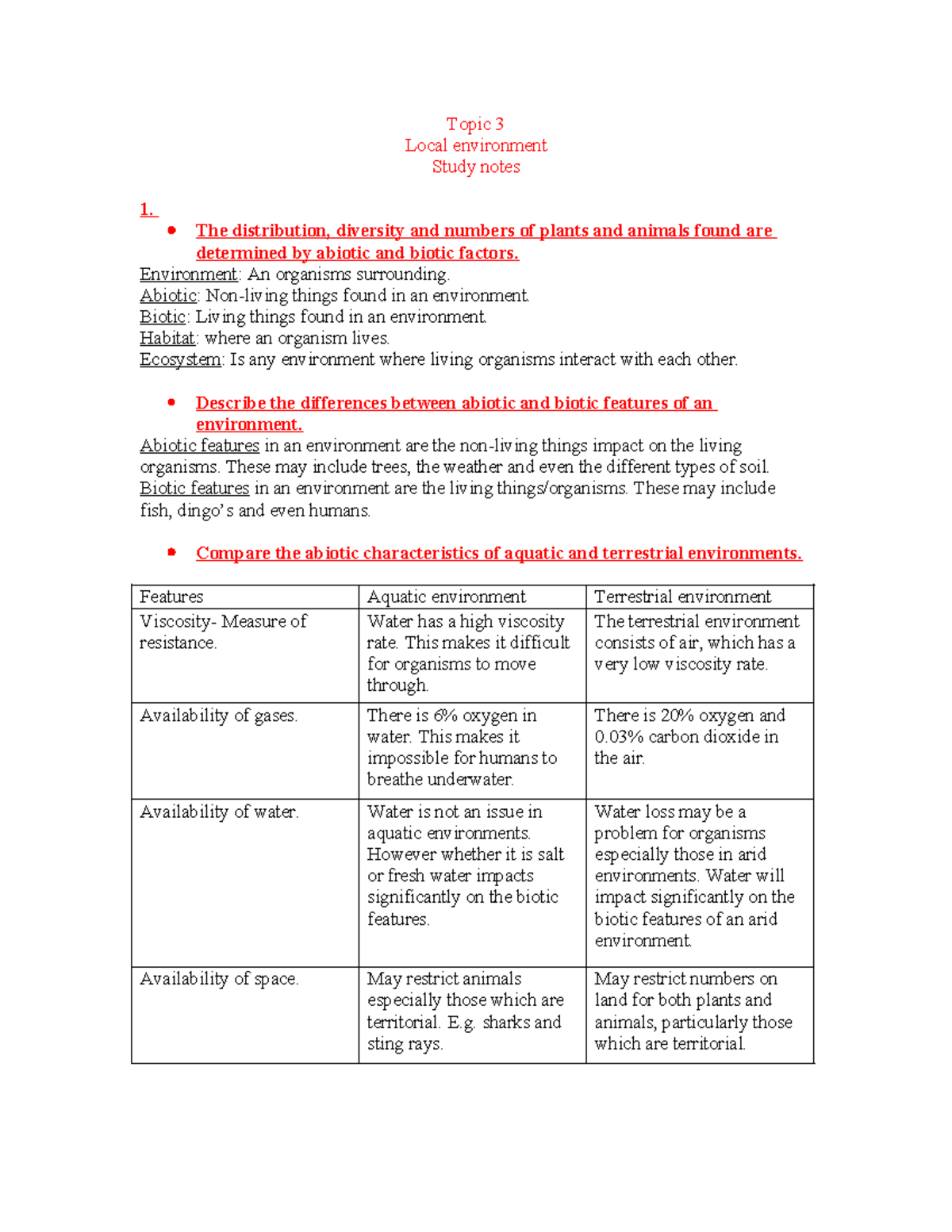 Senior Science Notes - Local Environment Study (Topic 3) - Studocu