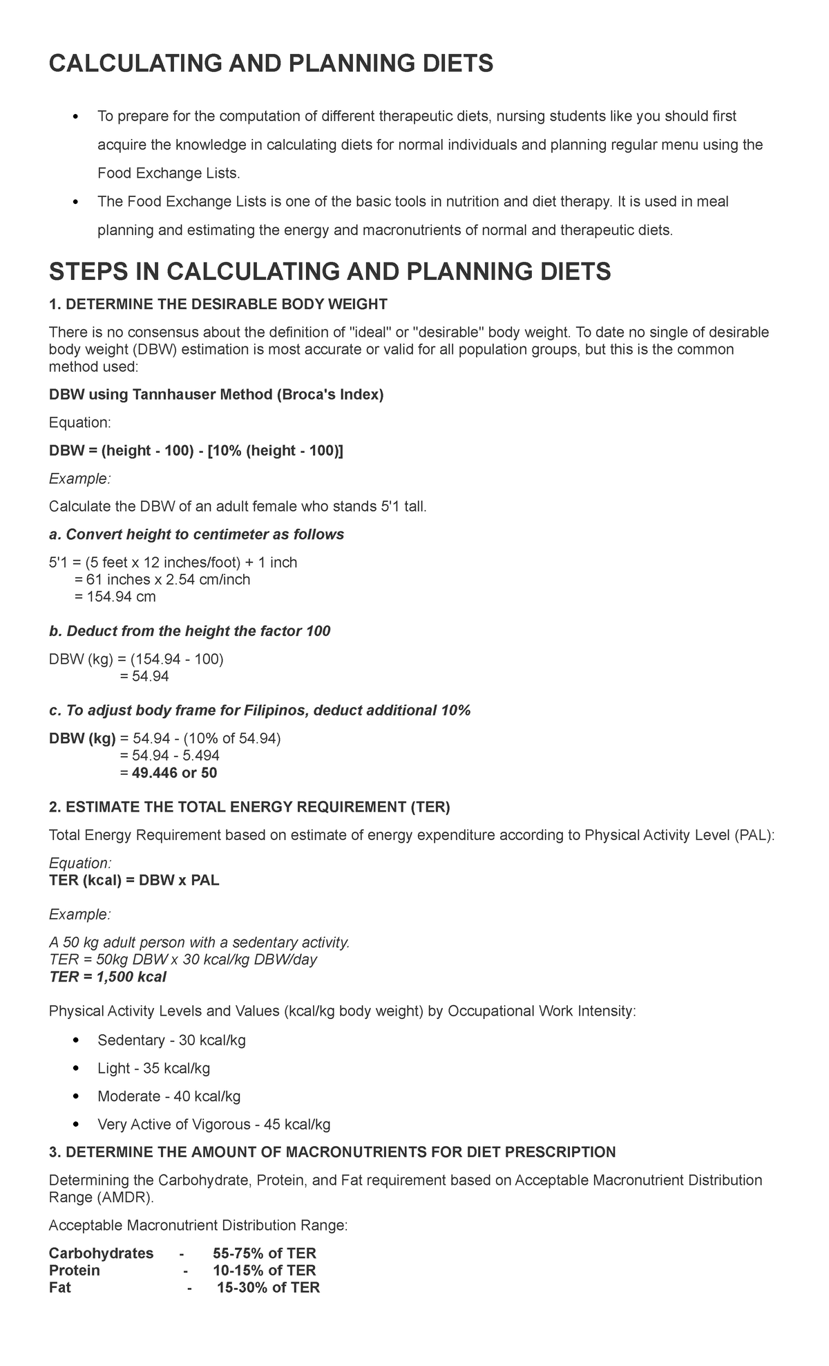 Calculating AND Planning Diets - CALCULATING AND PLANNING DIETS To ...