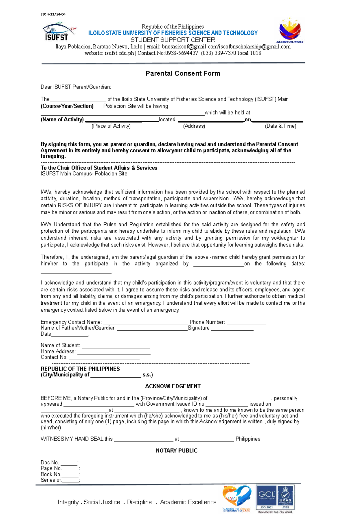 ISUFST 2024 Parental Consent Form for Student Activities - Studocu